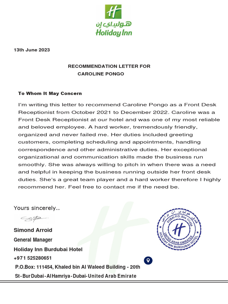 Caroline Holiday Inn Hotel Reference Letter | PDF