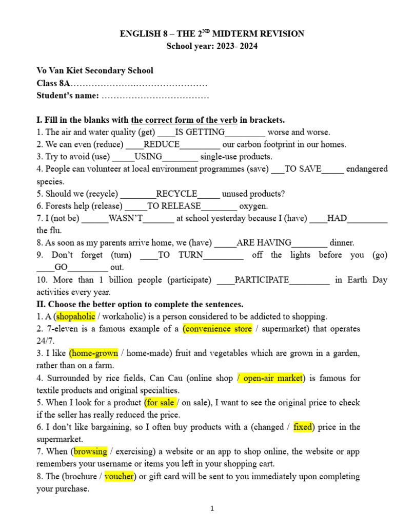 Đề Cương Giữa HK2 Anh 8 | PDF | Pollution | Volcano