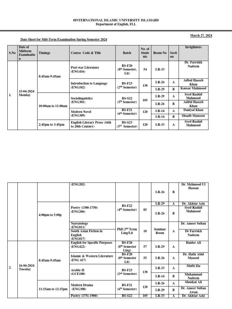Mid-Term Exam Schedule Spring 2024 | PDF