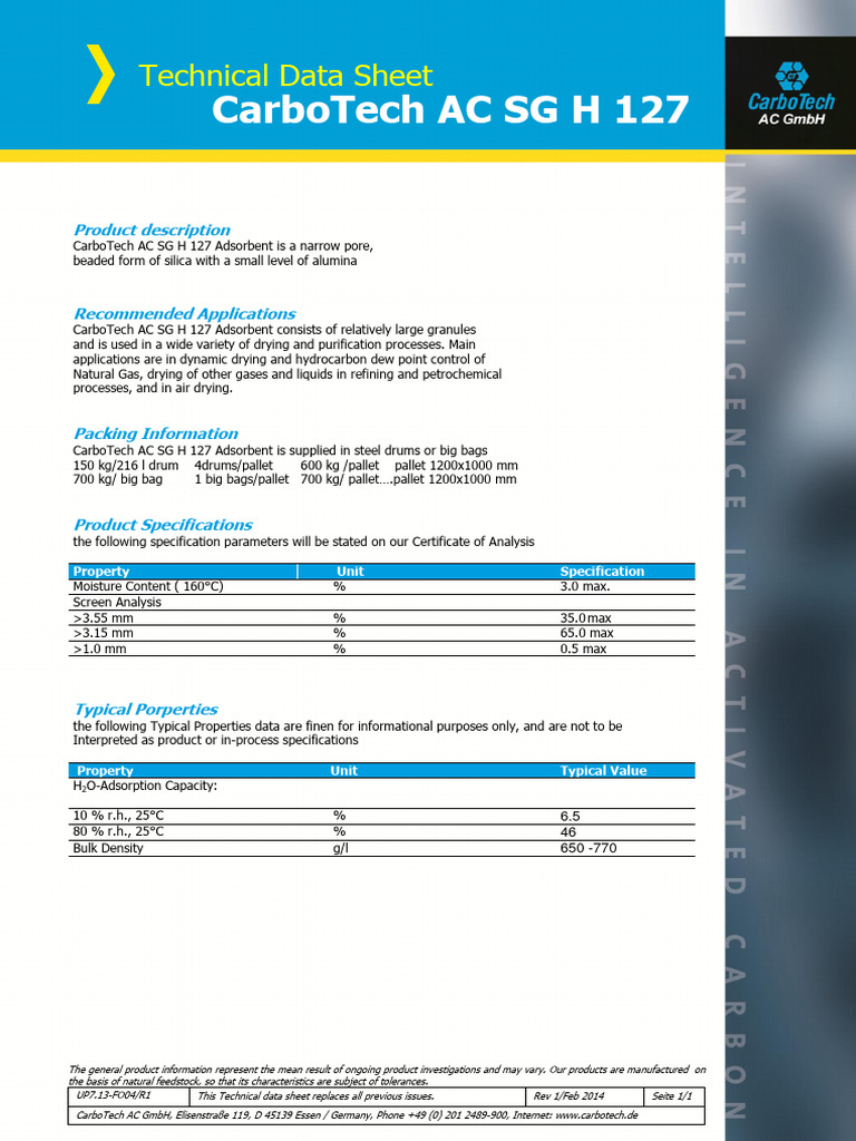 Data Sheet CarboTech AC SG H 127 | PDF | Adsorption | Materials