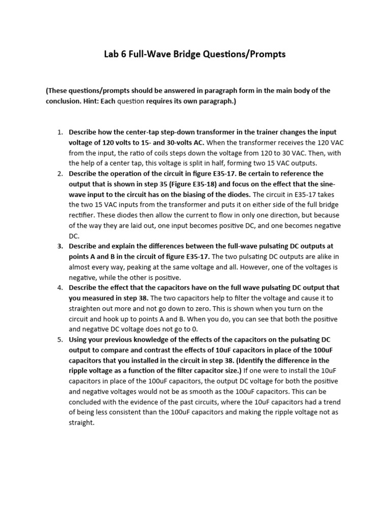 Lab 6 Full-Wave Bridge Questions/Prompts | PDF | Rectifier | Electrical ...