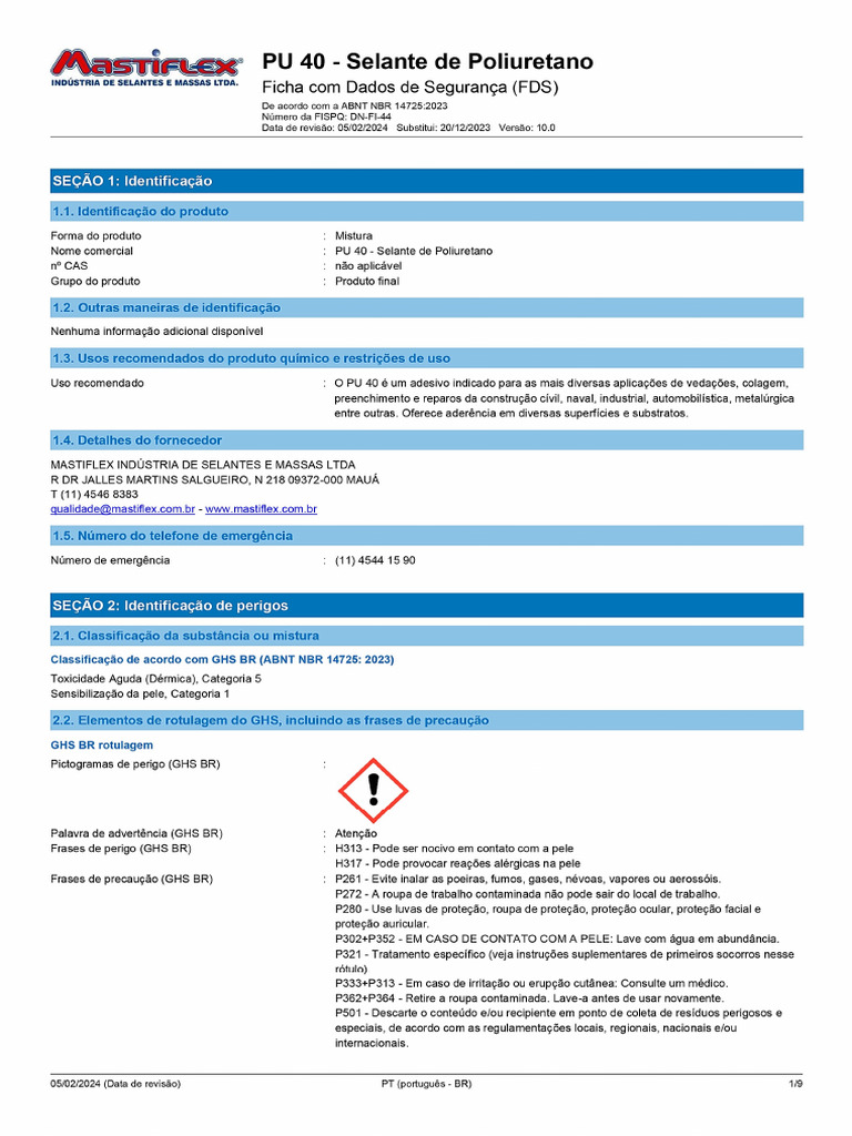 FDS - PU 40 Selante de Poliuretano Rev 10.0 | PDF