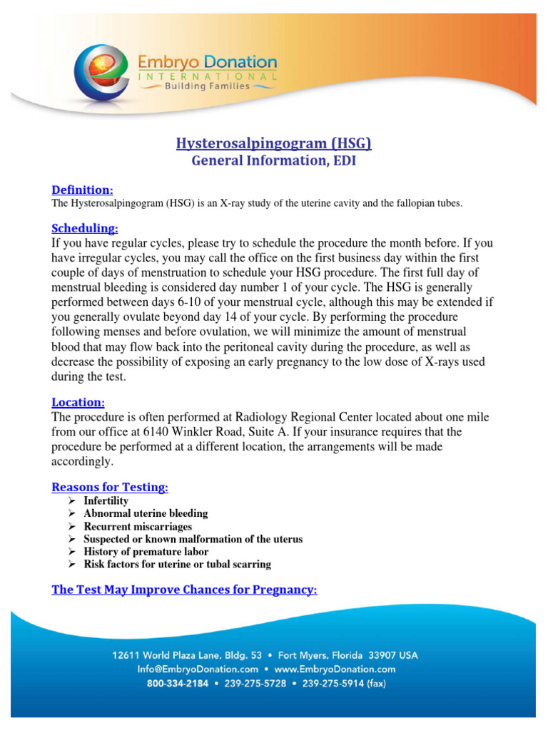 Hysterosalpingogram (HSG) Patient Information, EDI | PDF | Uterus | Sexual Anatomy