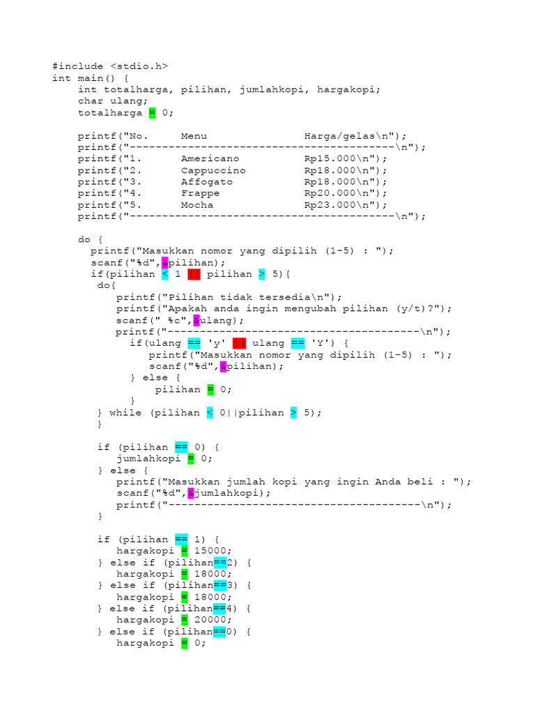 Program Pemesanan Kopi C++ | PDF