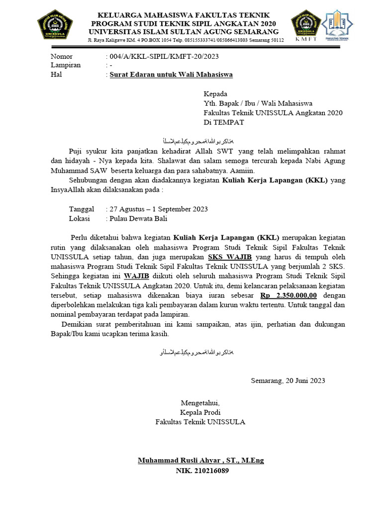 Surat Edaran KKL Sipil 2020 | PDF