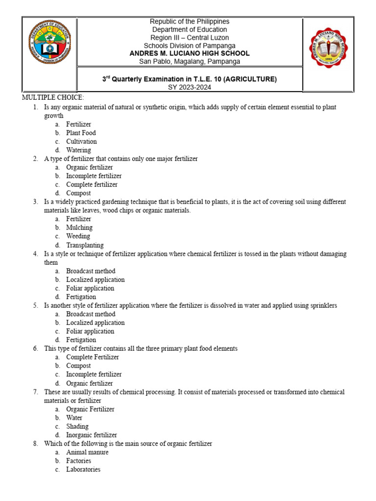 Agriculture Periodical Test Questions | PDF | Fertilizer | Compost