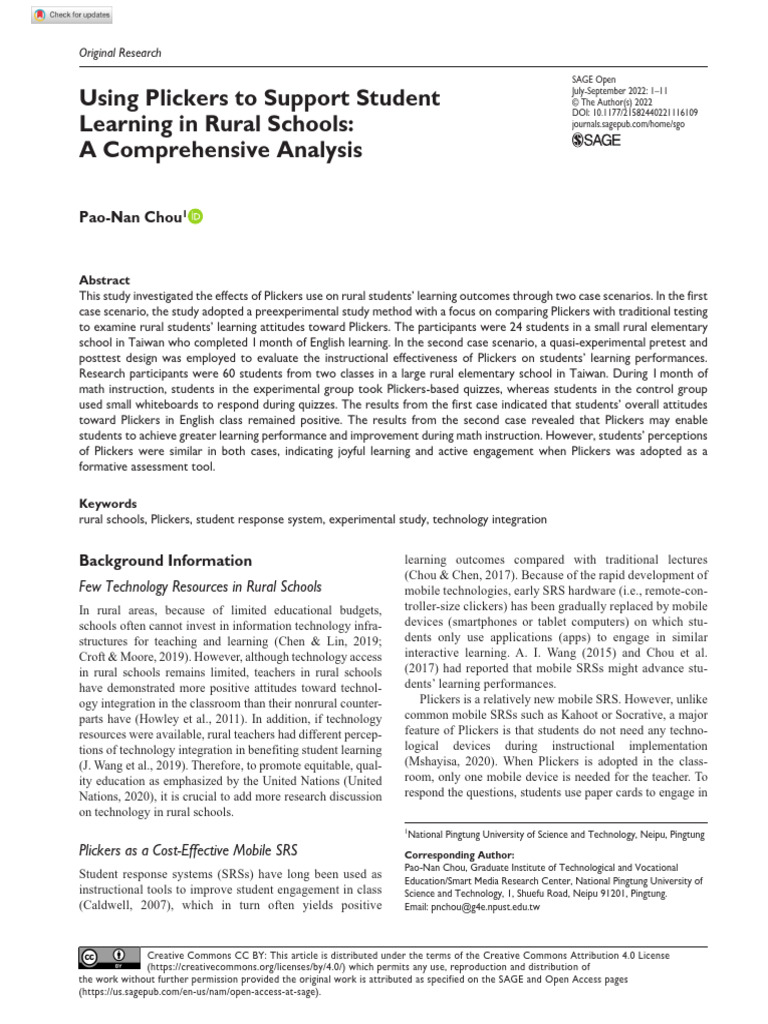 Chou 2022 Using Plickers To Support Student Learning in Rural Schools A Comprehensive Analysis ...