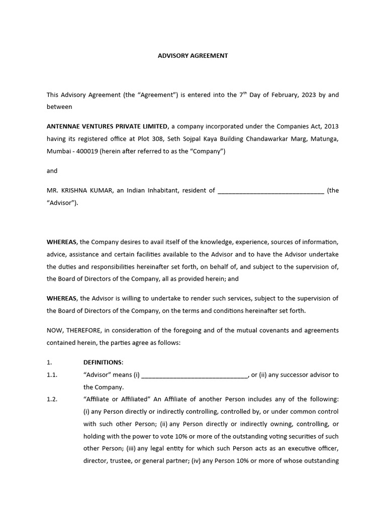 Startup Advisor Agreement | PDF | Discovery (Law) | Employment