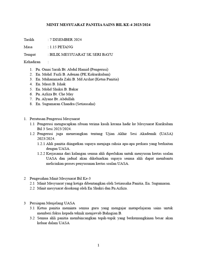 Minit Mesyuarat Panitia Sains Bil Ke-4 | PDF