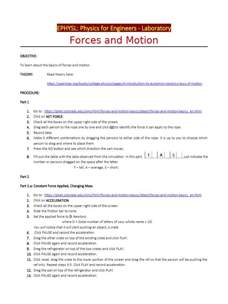 WEEK 4 - Forces and Motion ORTEGA K4 | PDF | Force | Acceleration