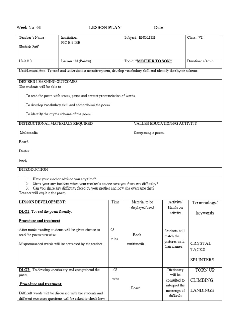 Lesson Plan Mother To Son | PDF | Poetry | Behavior Modification