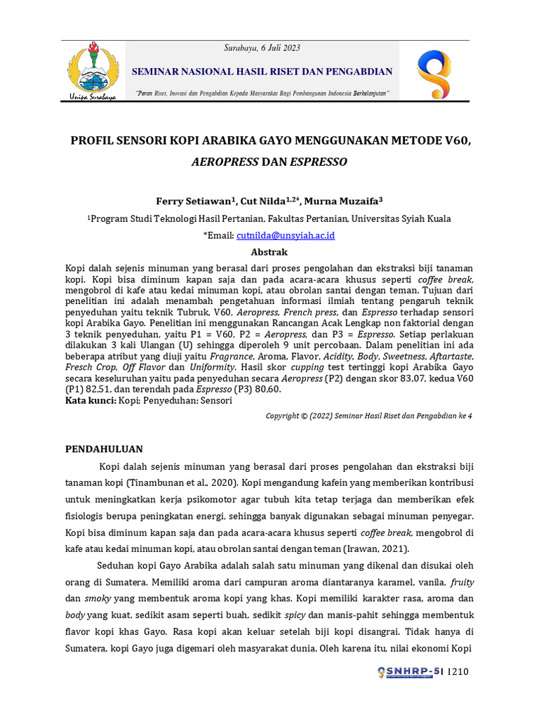 Profil Sensori Kopi Arabika Gayo Menggunakan Metode V60,: Aeropress Dan Espresso | PDF ...