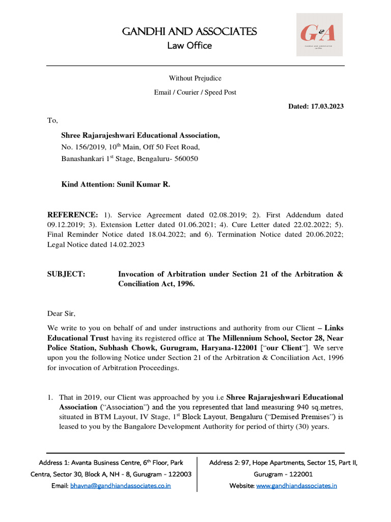 Section 21 Notice For Invocation of Arbitration Sent To Association ...
