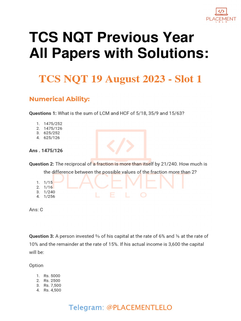 TCS NQT Previous Year Papers With Solutions by Placement Lelo ... TCS NQT Previous Year Papers With Solutions by Placement Lelo ...