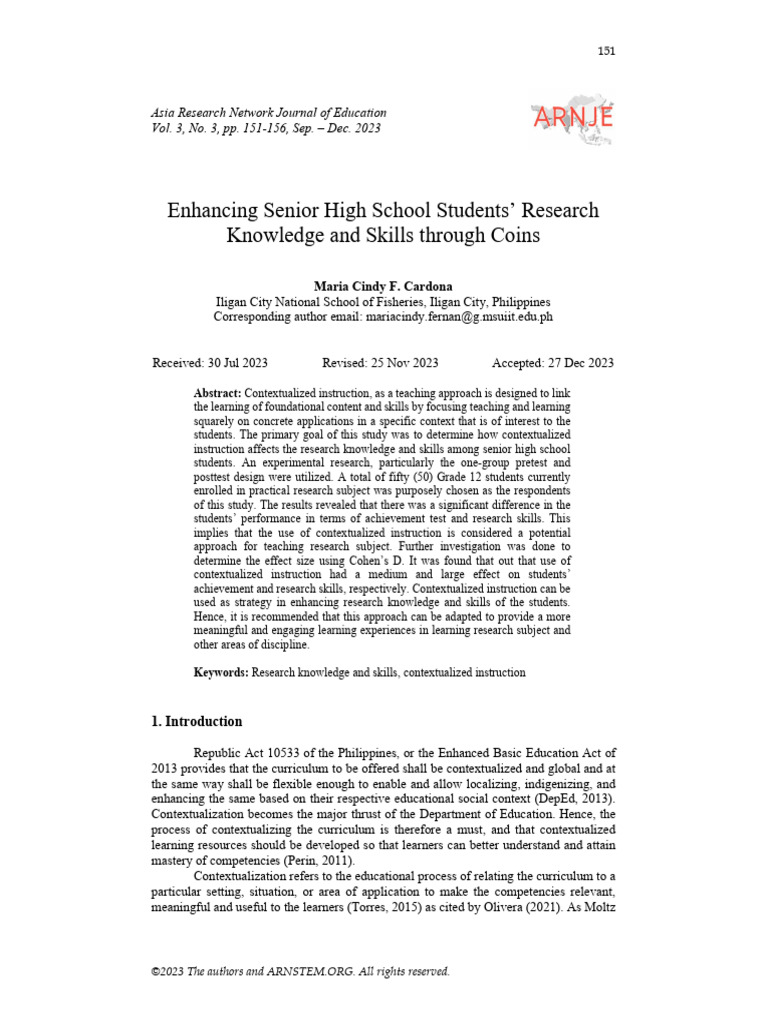 Enhancing Senior High School Students Research Knowledgeand Skills ...