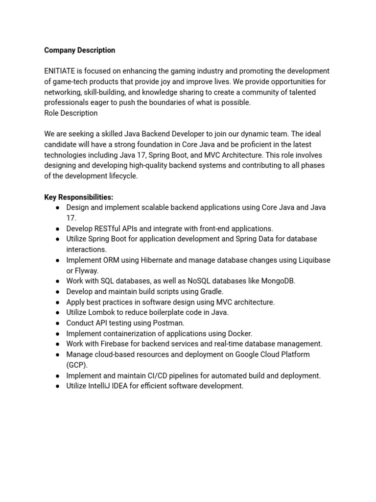 JAVA Backend JD | PDF | Cloud Computing | Databases