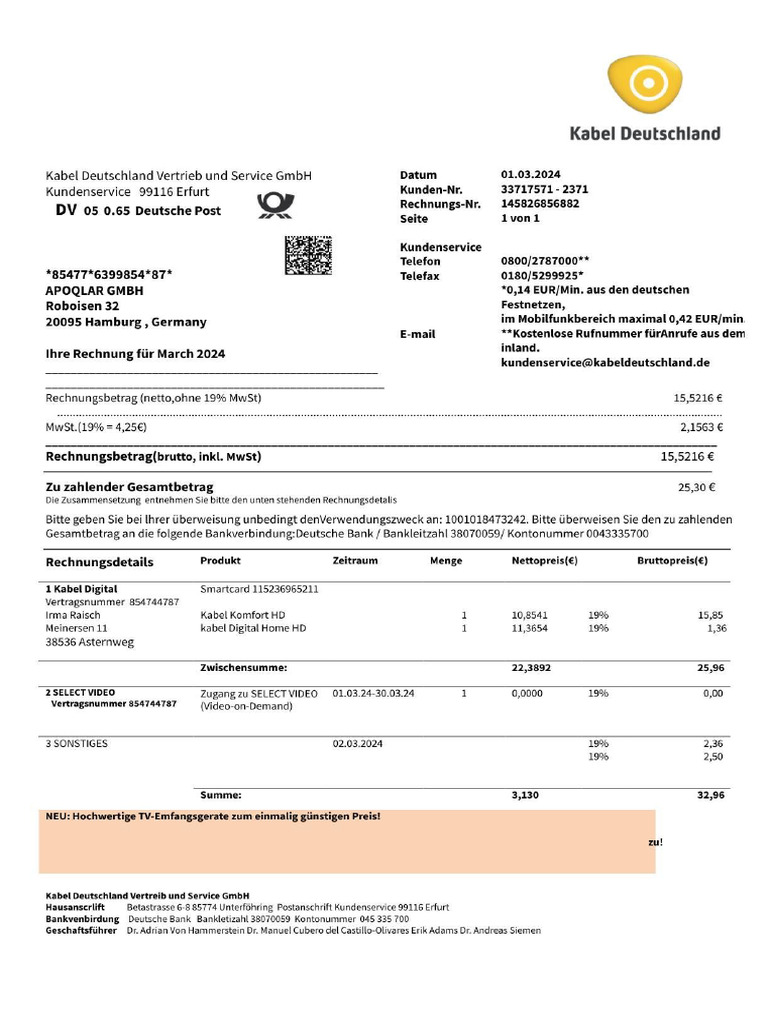 Germany TV Cabel Utility Business Bill PDF | PDF