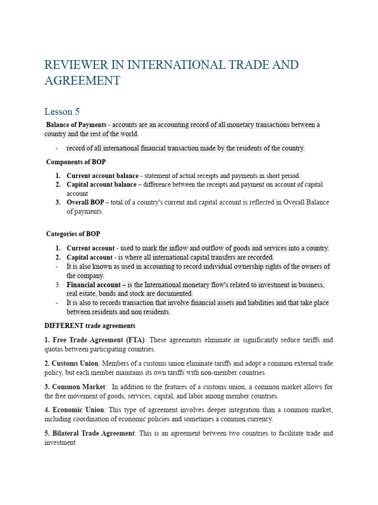 Reviewer in International Trade and Agreement | PDF | Balance Of ...
