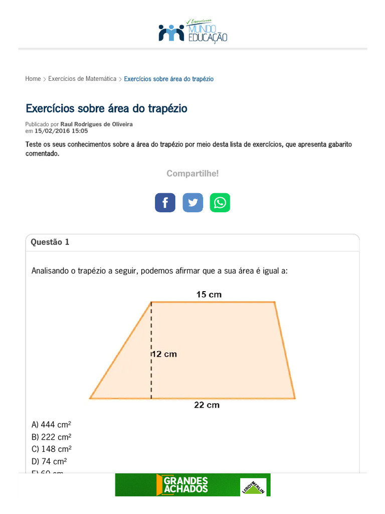 Exercícios Sobre Área Do Trapézio - Mundo Educação | PDF | Geometria ...