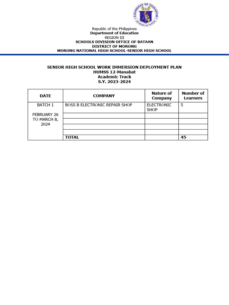 Senior High Work Immersion Plan 2023-2024 | PDF