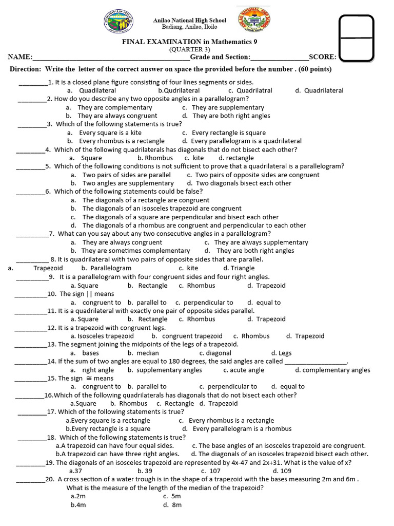 Final Final 3rd Math | PDF | Rectangle | Perpendicular