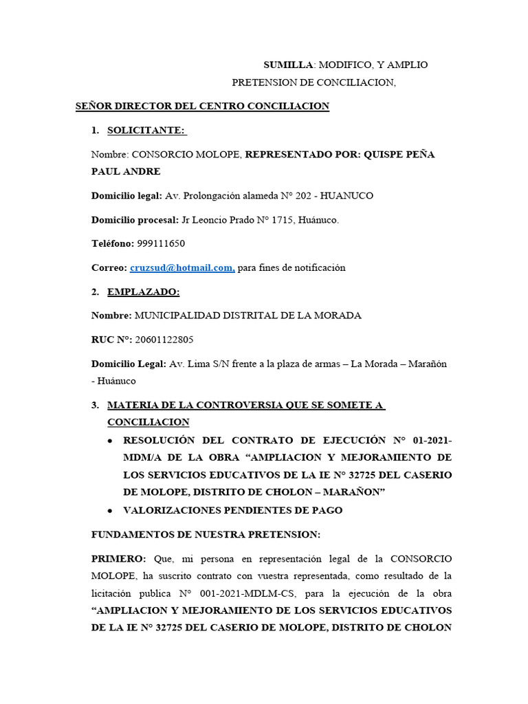 Conciliación por Resolución de Contrato Molope | PDF