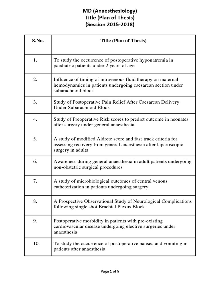 MD Anesthesiology - Plan of Thesis (Year 2015) | PDF | Anesthesia | Surgery