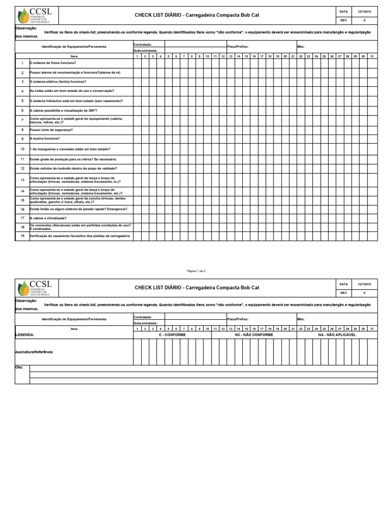 CCSL SST Check List R00 Bob Cat | PDF