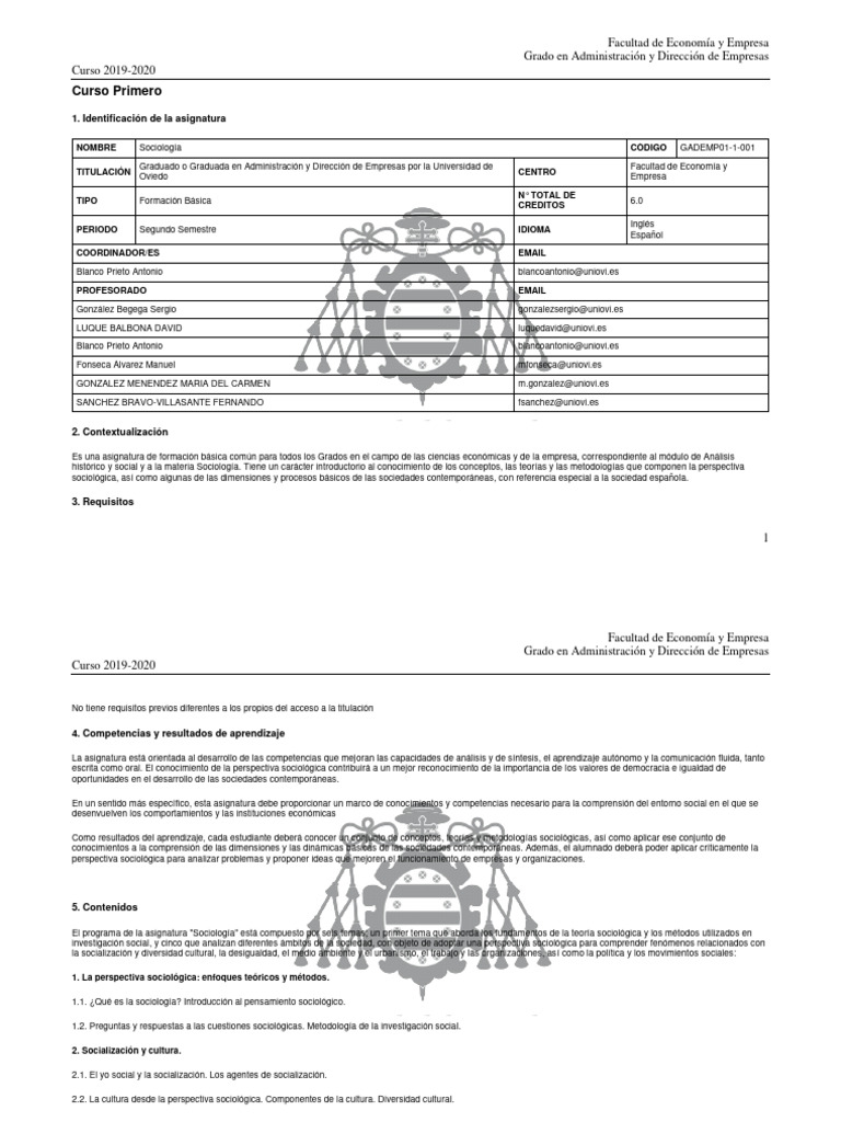 Guía Grado en ADE 2019-2020 | PDF | Sociología | Evaluación