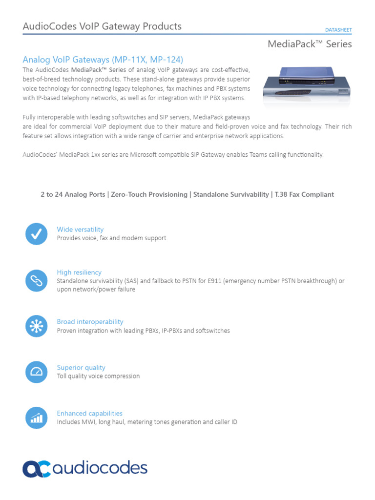 AudioCodes MP-124 Datasheet | PDF | Voice Over Ip | Session Initiation ...