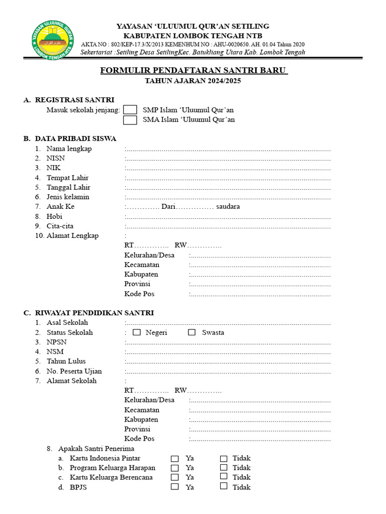 Formulir Pendaftaran Santri Baru | PDF