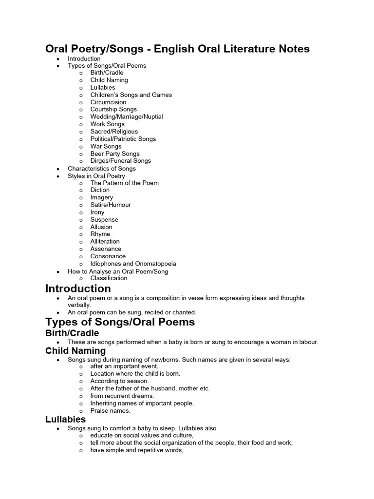 Songs - English Oral Literature Notes | PDF | Poetry | Songs