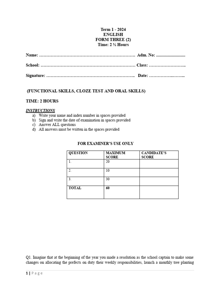 Form 3 - English - Question Paper | PDF | Cognition