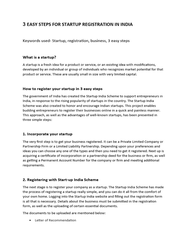3 Easy Steps For Startup Registration in India | PDF | Startup Company ... 3 Easy Steps For Startup Registration in India | PDF | Startup Company ...