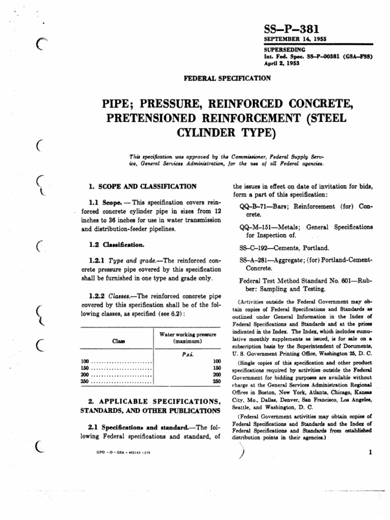 US Spec SS-P-381 1955 - Pipe Pressure Reinforced Concrete Pretensioned Reinforcement - Steel ...