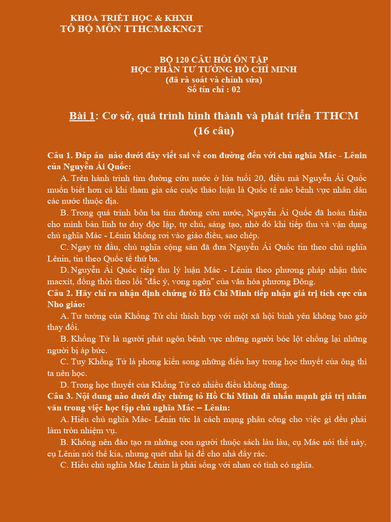 câu hỏi TN ôn tập TTHCM theo bài - KHÔNG ĐÁP ÁN | PDF