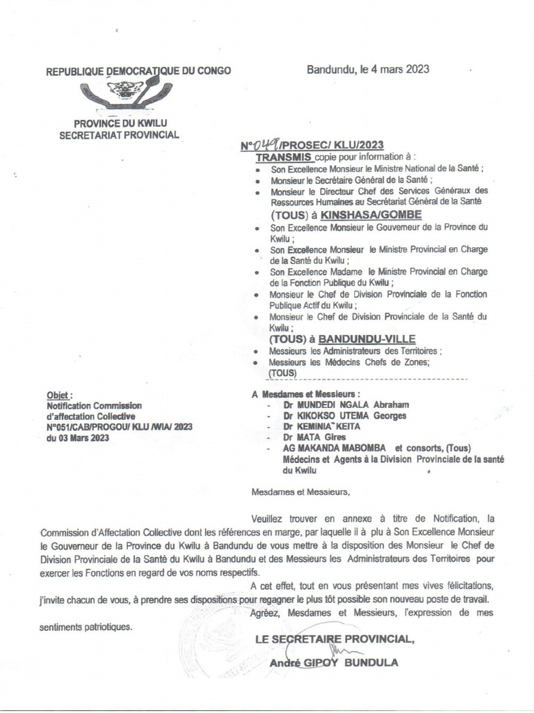 Commission D'affectation Collective DPS KWILU | PDF