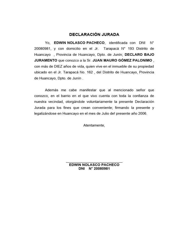 Declaración Jurada de Conocimiento | PDF