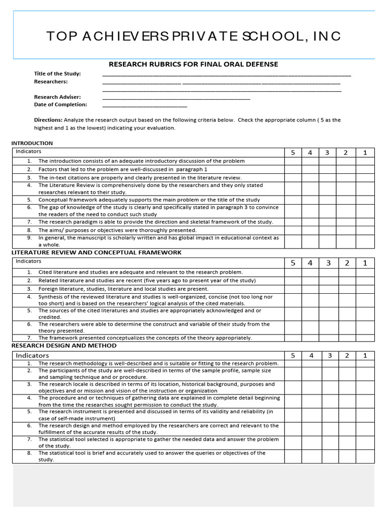 TAPS Oral Defense Rubrics | PDF | Statistics | Sampling (Statistics)