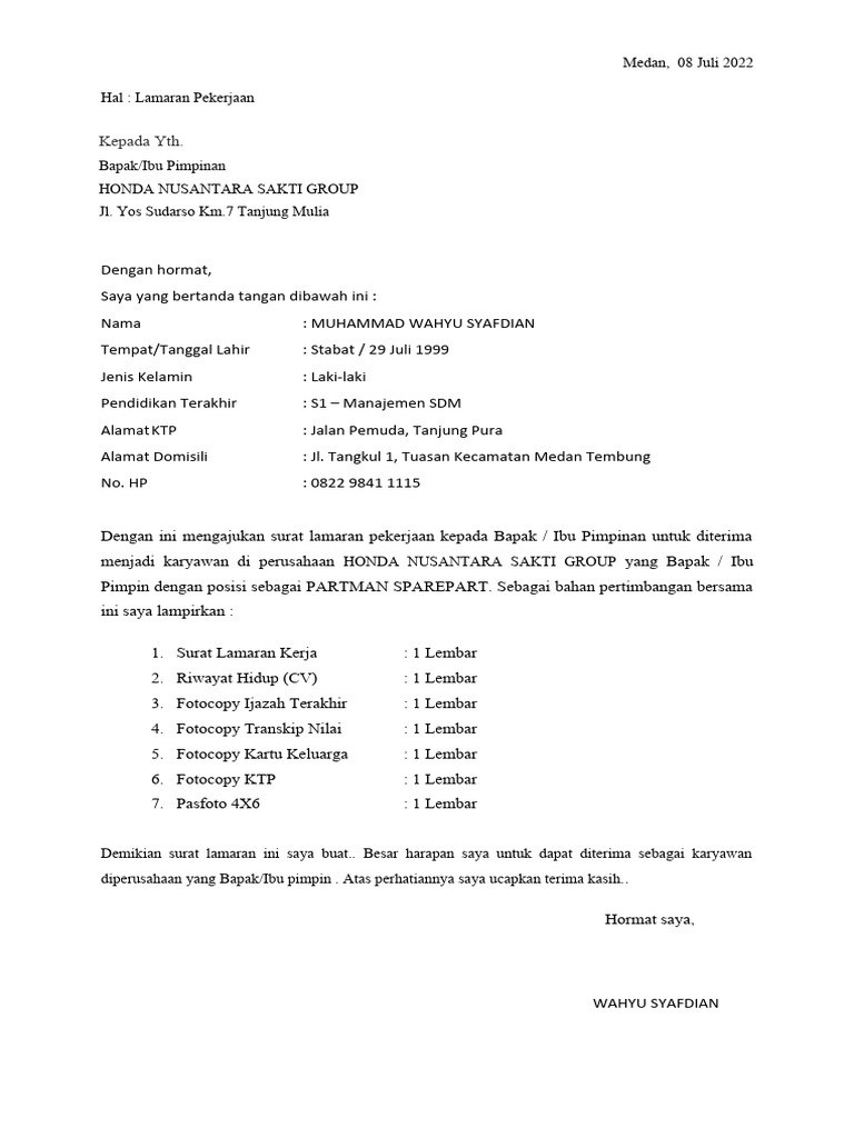 Lamaran Kerja Shorum Honda | PDF