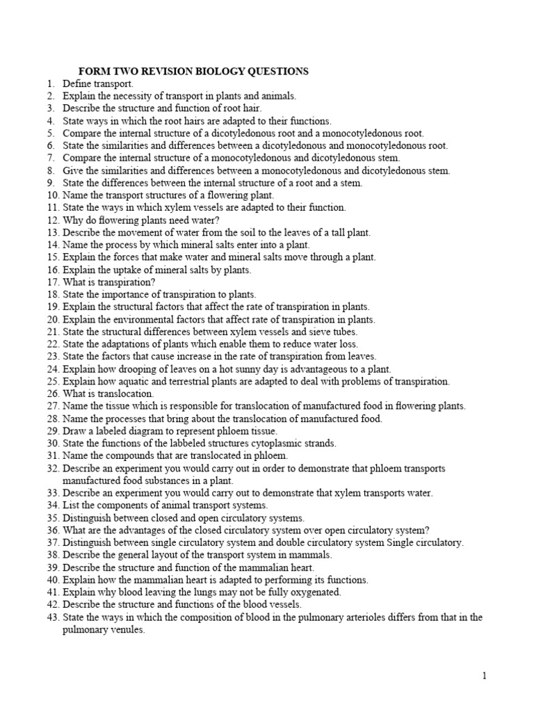 Form Two Revision Biology Questions | PDF | Respiratory System | Blood