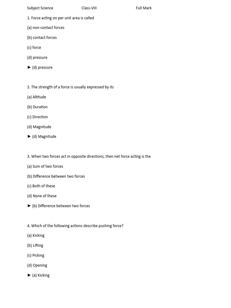 Subject Science Class 8 Test MCQ Solution | PDF | Force | Friction