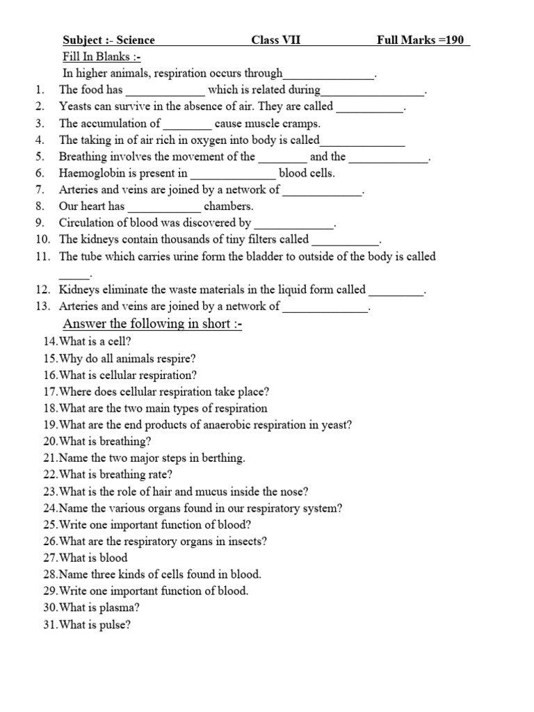 Subject Science Class VII TEST Question | PDF | Blood | Breathing