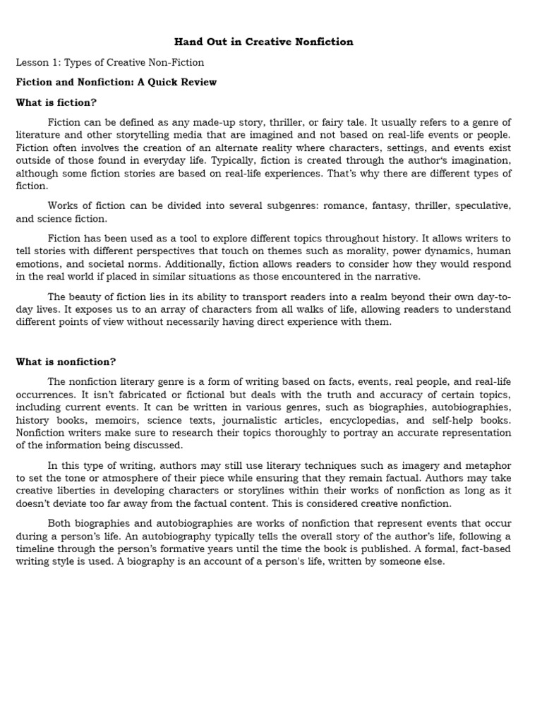Hand Out Creative Nonfiction | PDF | Narrative | Non Fiction