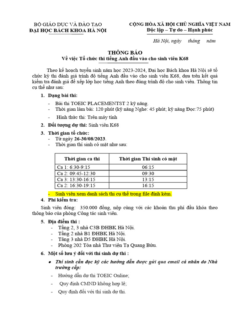 TB DS thi tiếng Anh đầu vào K68 | PDF