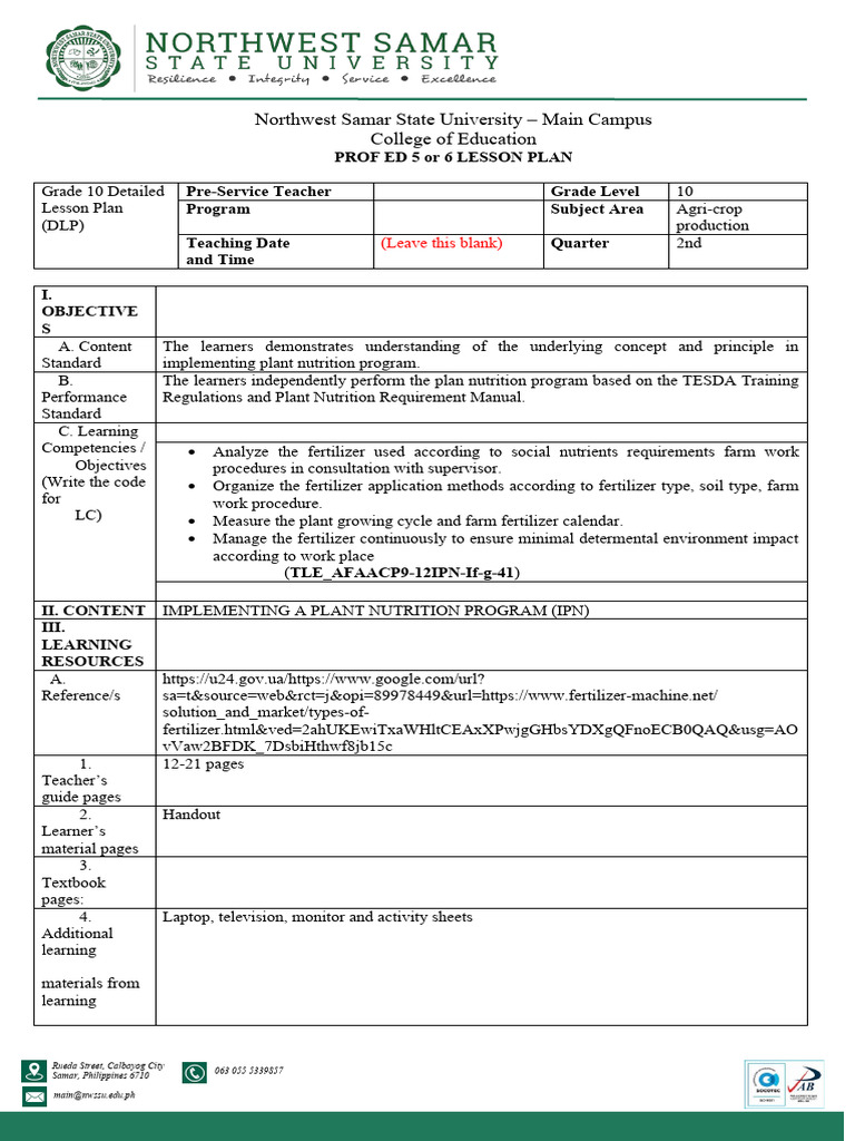 Millano - Btvted 2 Lesson Plan | PDF | Fertilizer | Lesson Plan