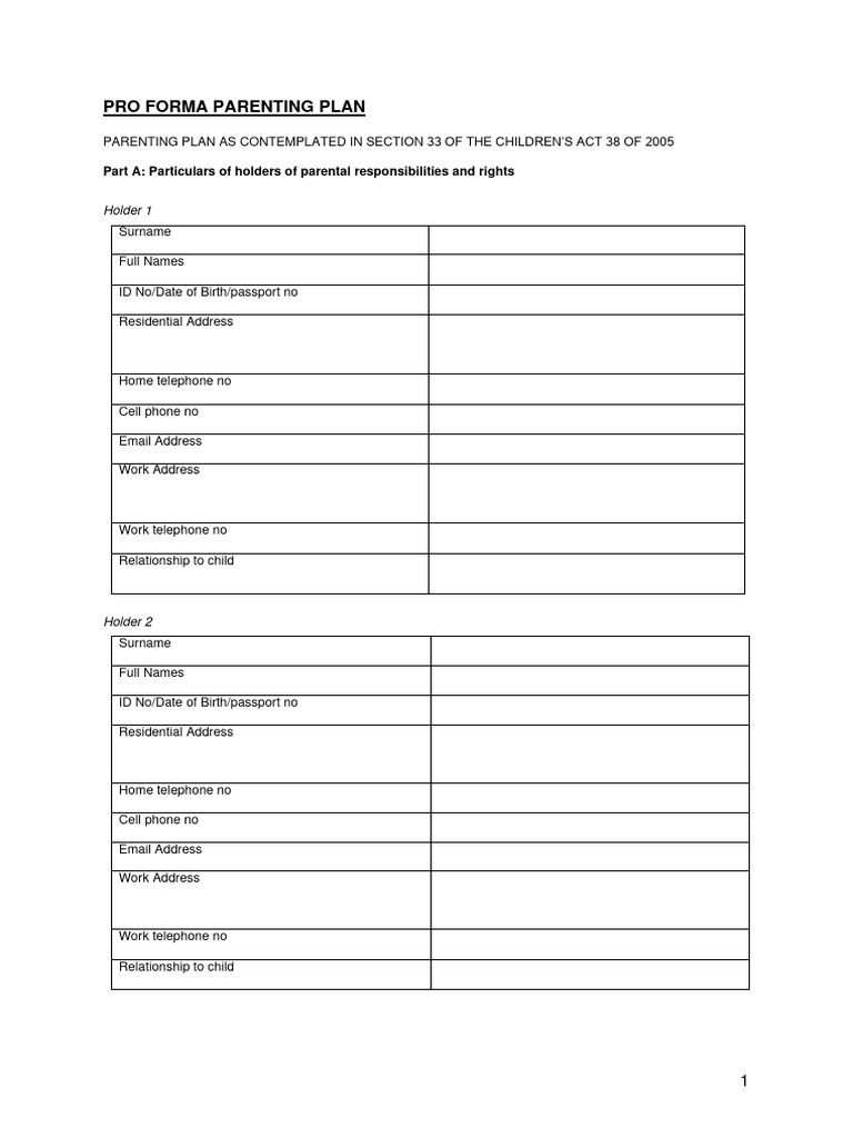 1 Proforma Parenting Plan | PDF | Legal Guardian | Mediation