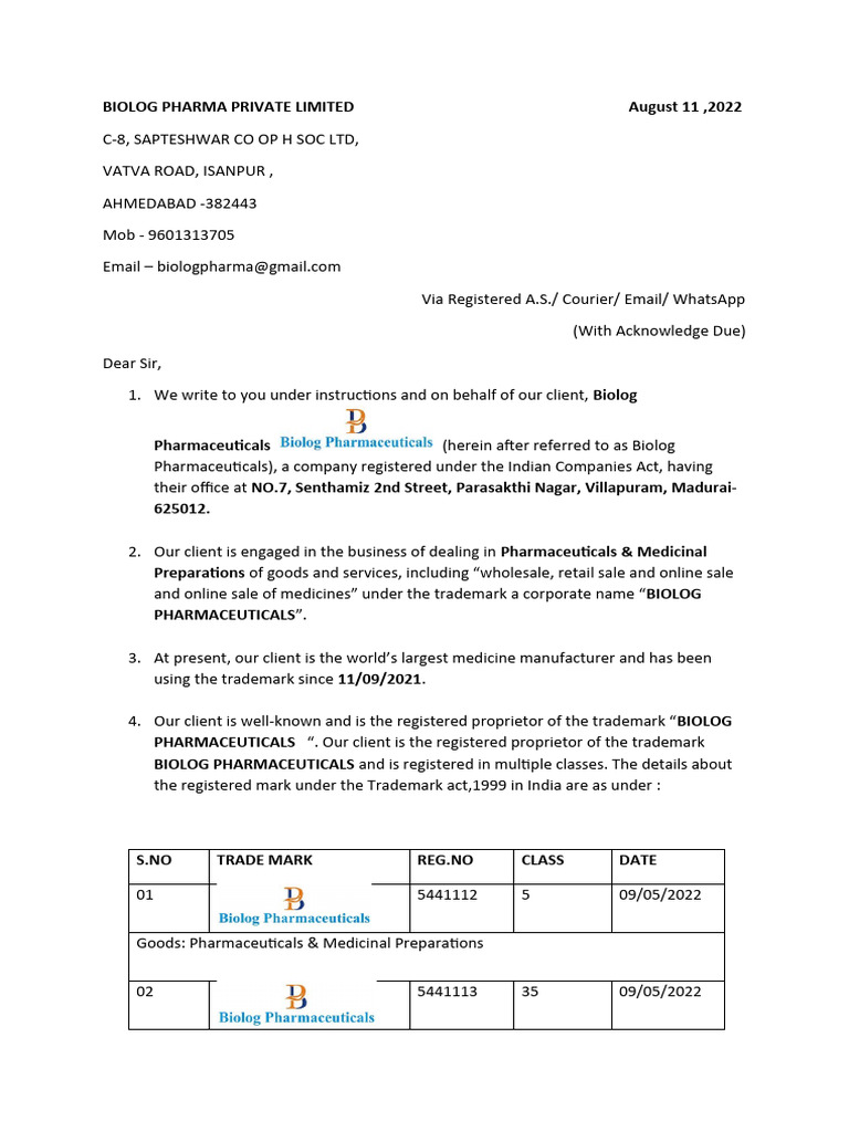 Legal Notice To Biolog Pharma - Corrected | PDF | Trademark | Domain ...