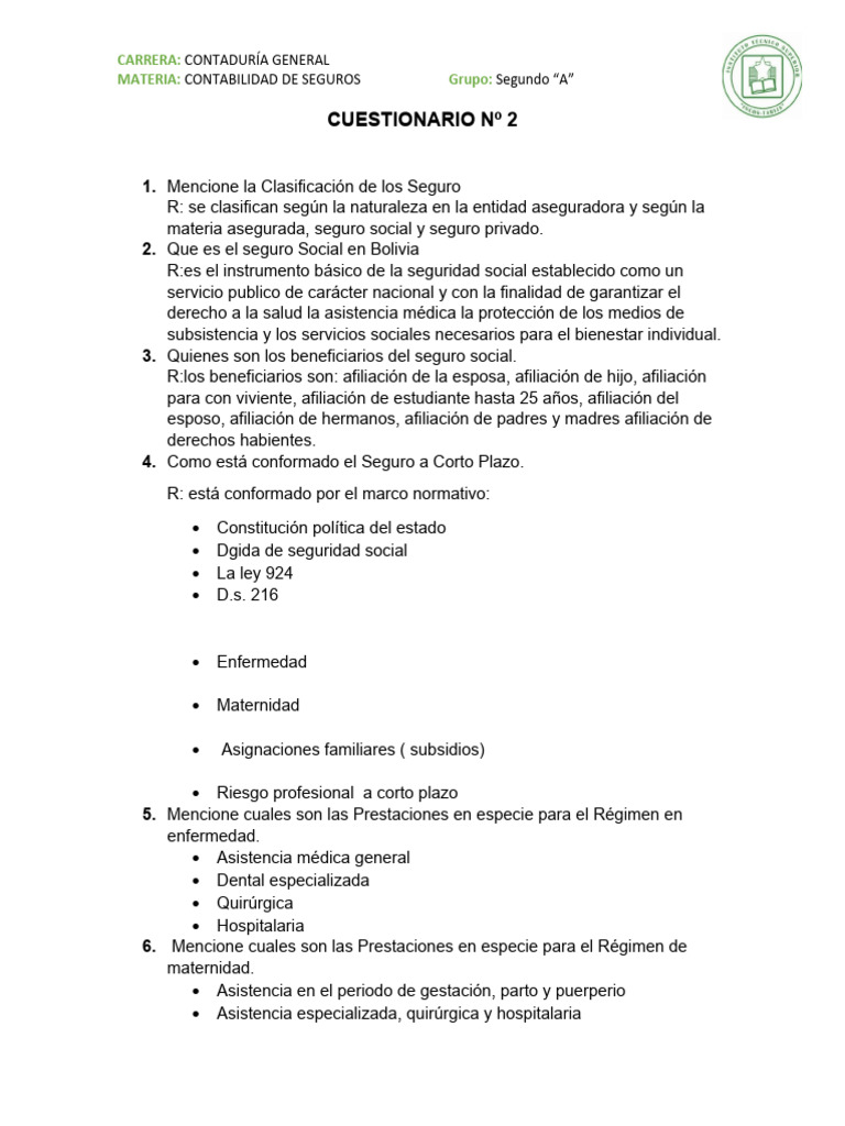 CUESTIONARIO SEGUROS | PDF | Seguro | Pensión