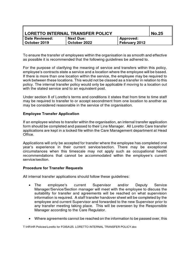 Loretto Internal Transfer Policy | PDF | Employment | Salary
